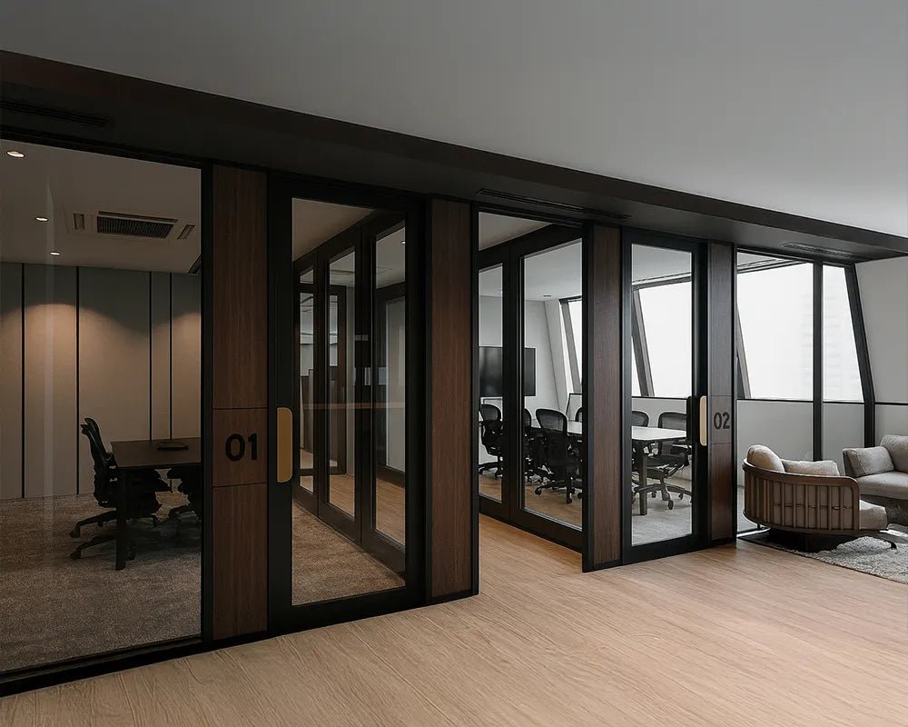 Modern Glass Partition System with Acoustic Privacy Pods - Davinciya