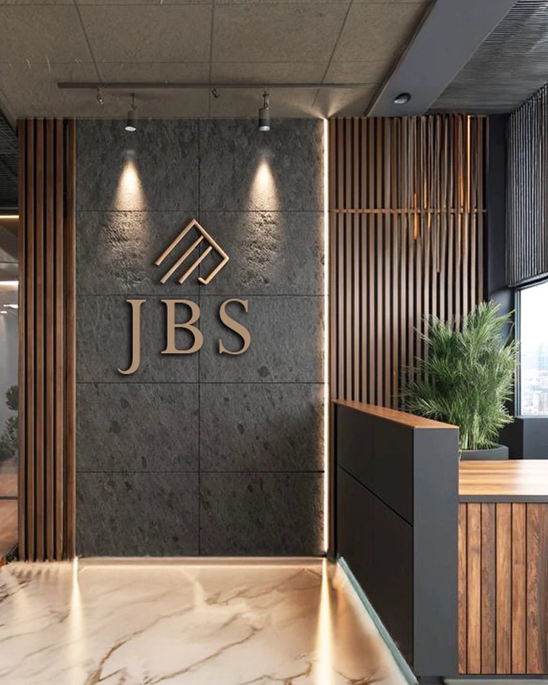 Elevated Corporate Identity Wall with Textural Stone and Slatted Wood ...