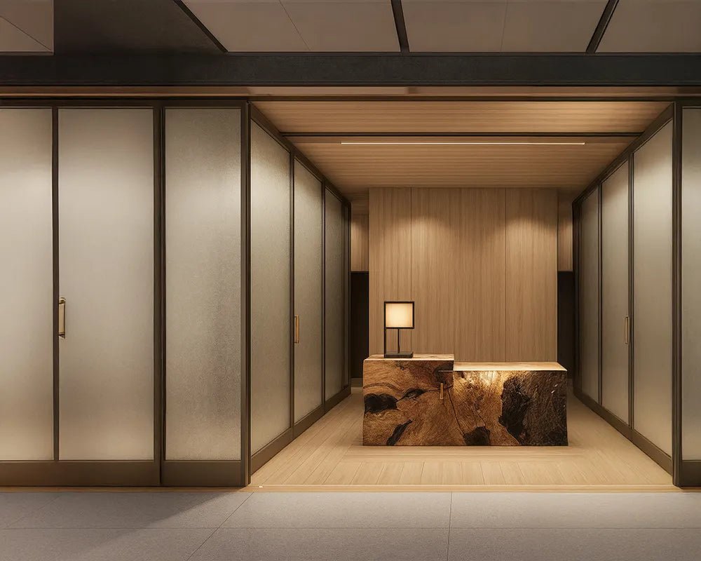 Zen-Inspired Frosted Glass Partitions Framing a Sculptural Reception N ...