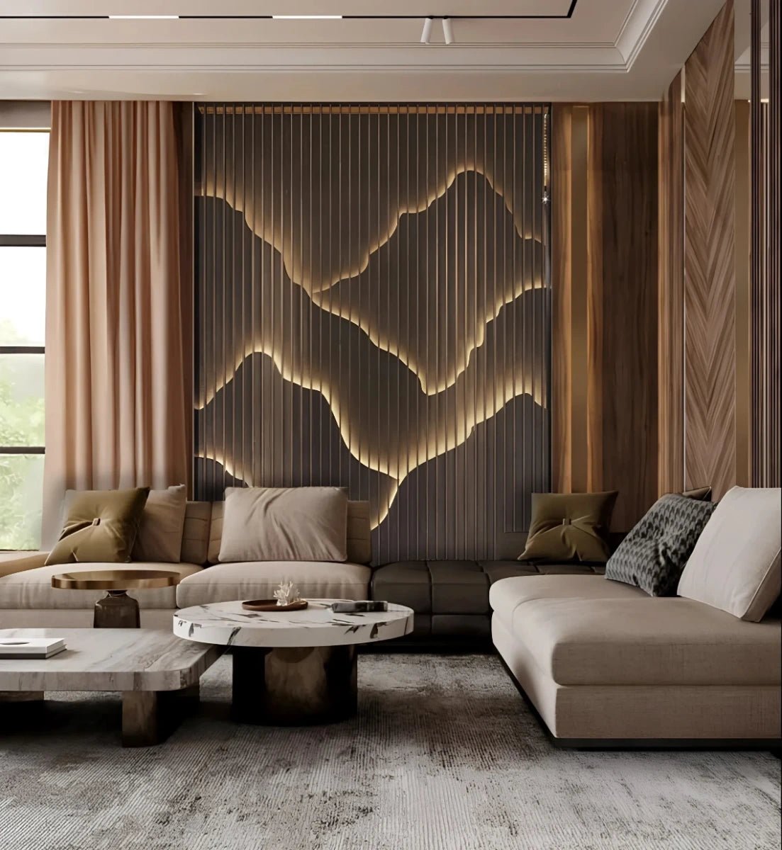 Premium Modern Living Room Design with Illuminated Wall Panel – Davinciya