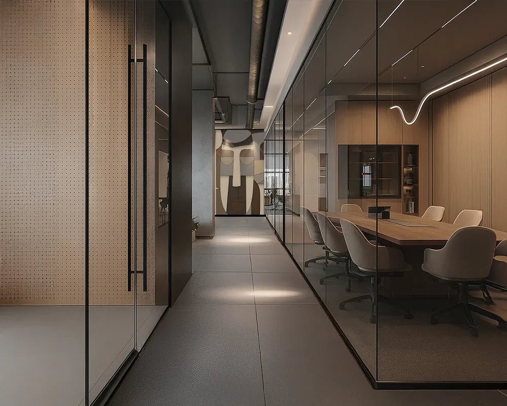 Architectural Corridor with Glass-Enclosed Boardroom and Industrial Ac ...