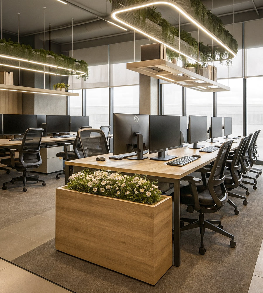 Biophilic Linear Workspace with Layered Lighting and Warm Tones – Davinciya