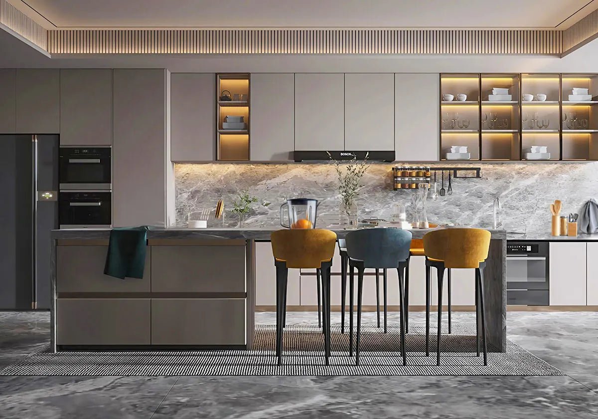Modern Glam Island Kitchen in Grey Tones – Davinciya