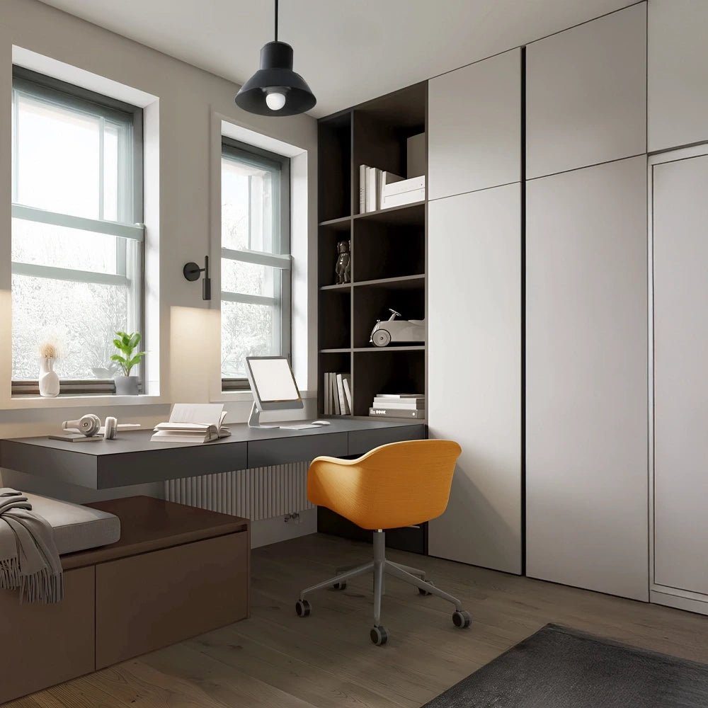 Modern Minimalist Grey Study Room with Vibrant Orange Chair – Davinciya