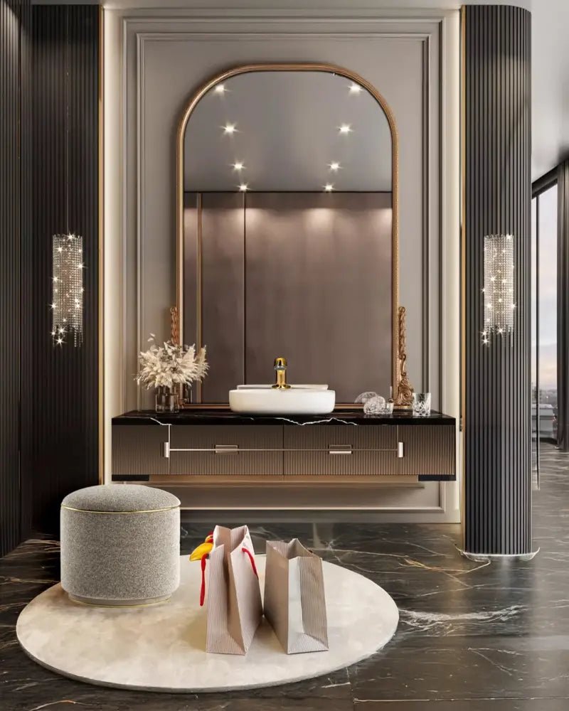 Art Deco Vanity with Arched Mirror, Floating Basin & Fluted Detailing ...