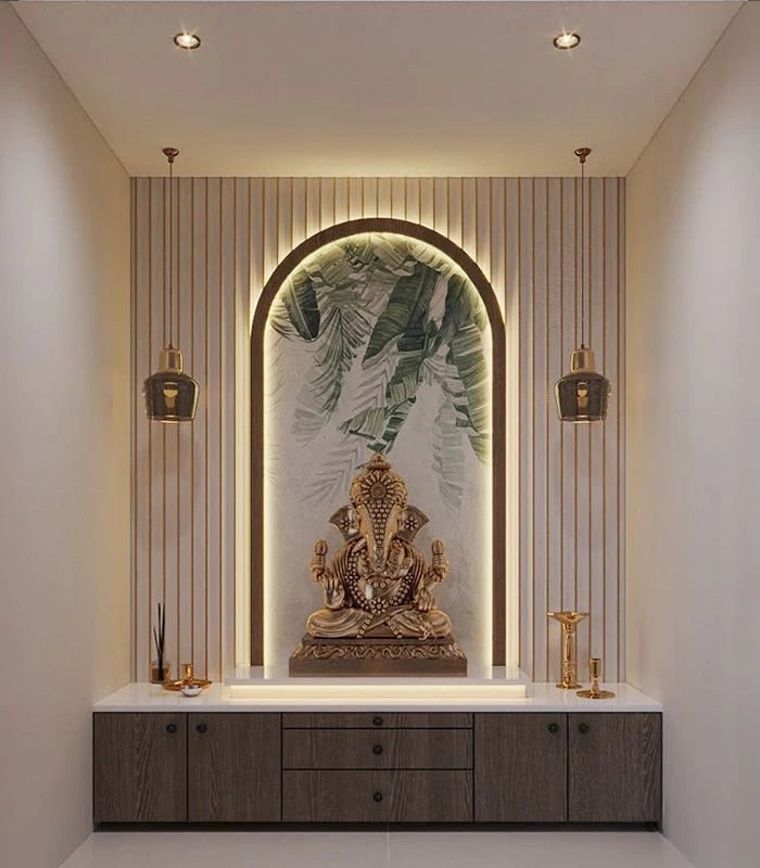 Contemporary Ganesha Mandir with Arch Niche & Tropical Accent Wall ...