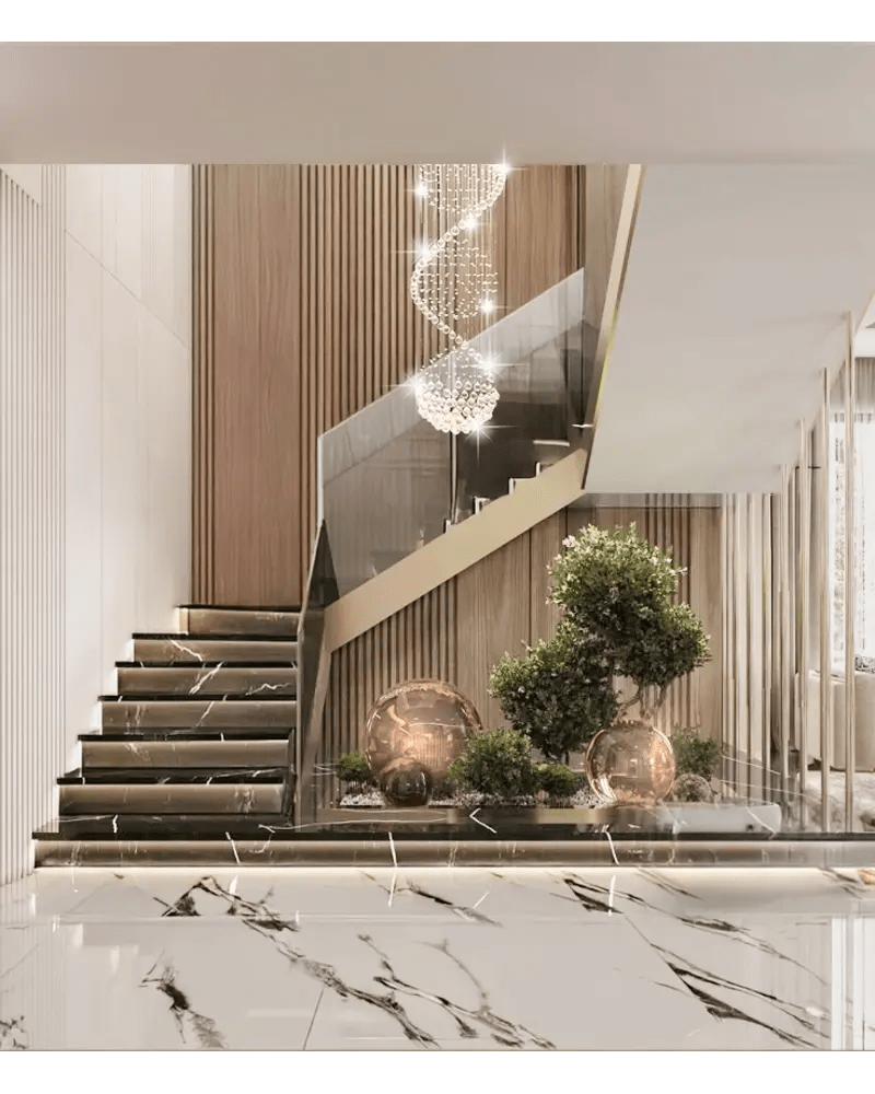 Floating Marble Staircase with Vertical Garden & Spiral Crystal Chande ...