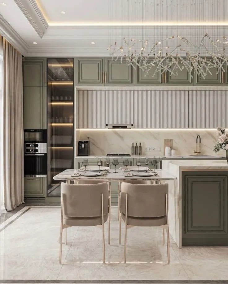 Classic Luxe Island Kitchen in Pale Green & Cloudy White – Davinciya