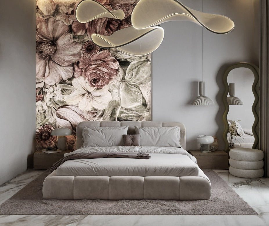 Soft Contemporary Bedroom with Floral Feature Wall – Davinciya