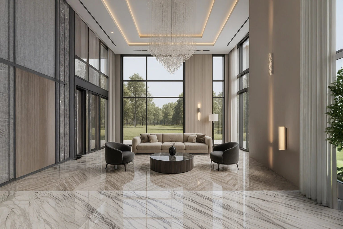 Modern High-Ceiling Lobby with Panoramic Views – Davinciya